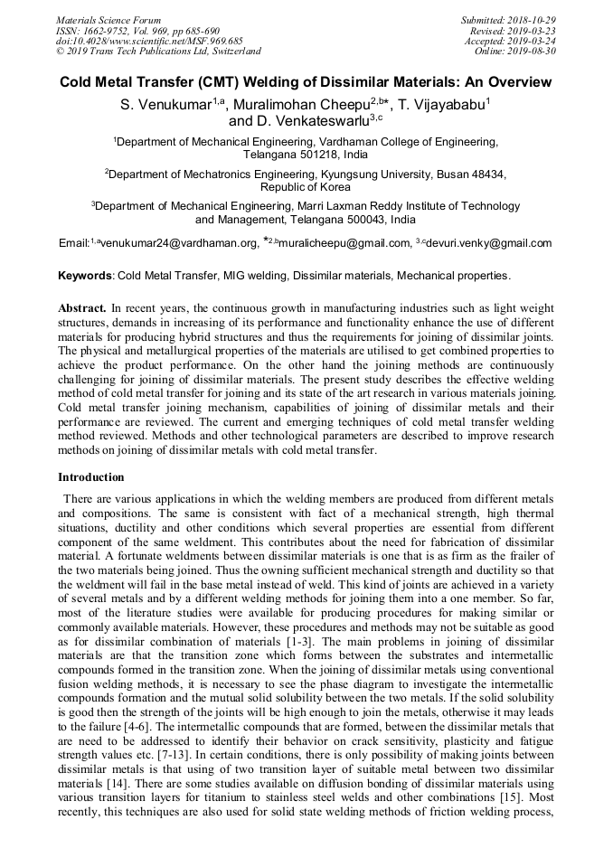 Cold Metal Transfer (CMT) Welding of Dissimilar Materials: An Overview ...