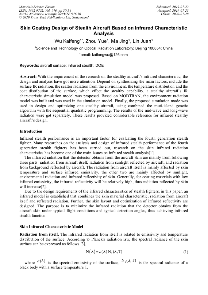 Skin Coating Design of Stealth Aircraft Based on Infrared ...