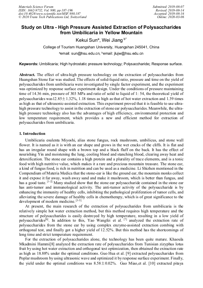 Study on Ultra - High Pressure Assisted Extraction of Polysaccharides ...