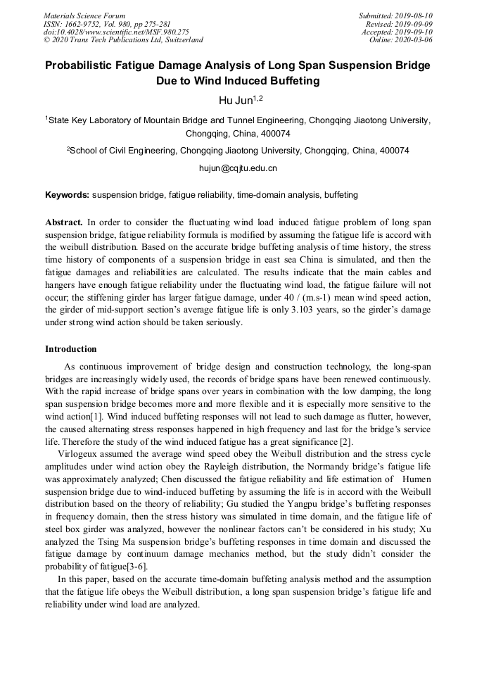 Probabilistic Fatigue Damage Analysis of Long Span Suspension Bridge ...