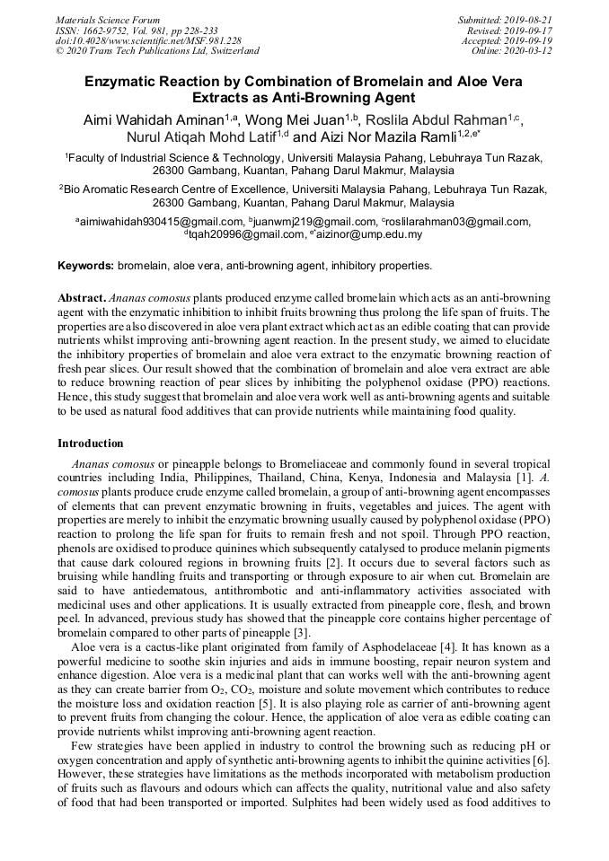 Enzymatic Reaction by Combination of Bromelain and Aloe Vera Extracts ...