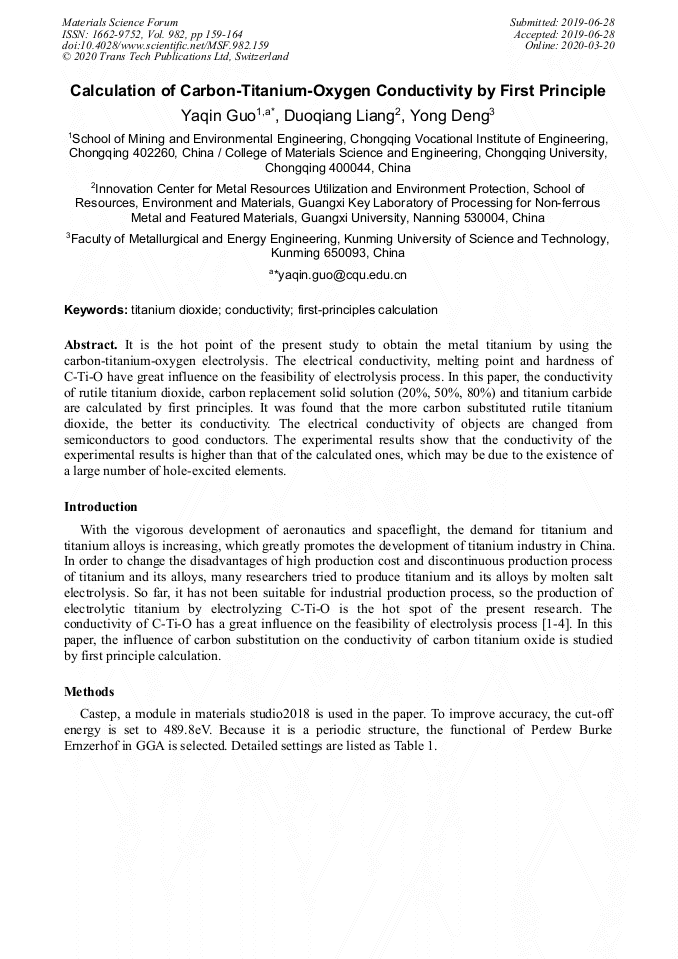 Calculation of Carbon-Titanium-Oxygen Conductivity by First Principle ...