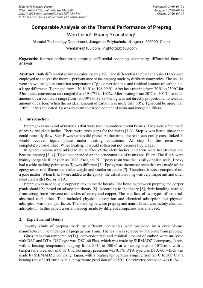 Comparable Analysis on the Thermal Performance of Prepreg | Scientific.Net