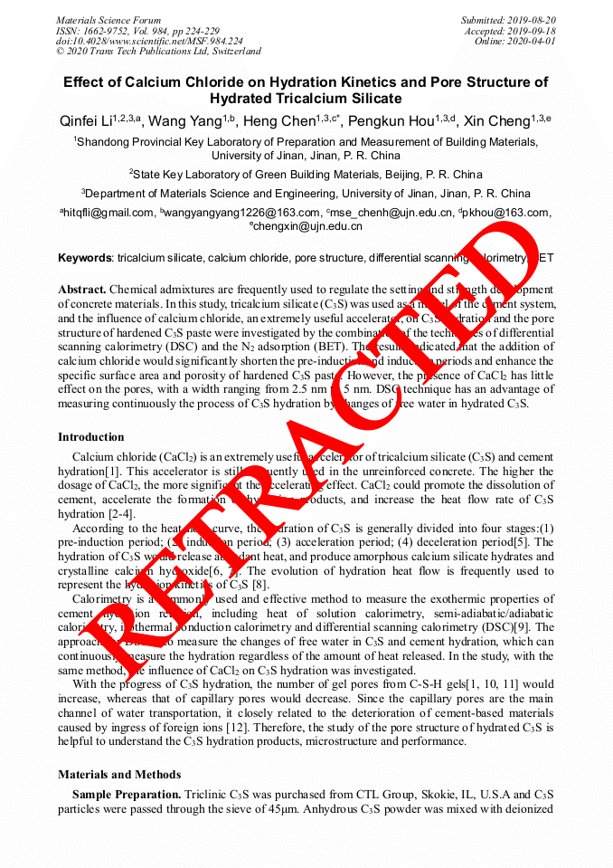 RETRACTED: Effect of Calcium Chloride on Hydration Kinetics and Pore ...