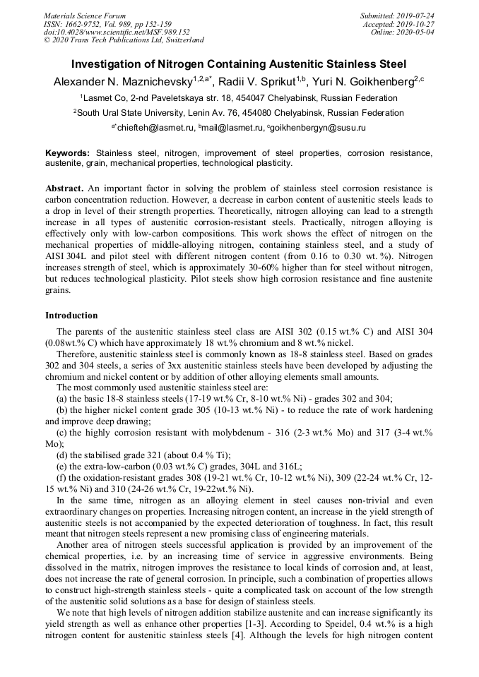 Investigation of Nitrogen Containing Austenitic Stainless Steel ...