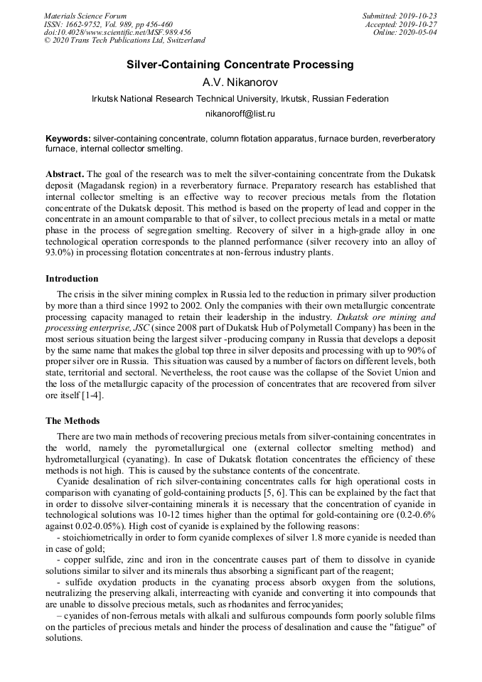 Silver-Containing Concentrate Processing | Scientific.Net