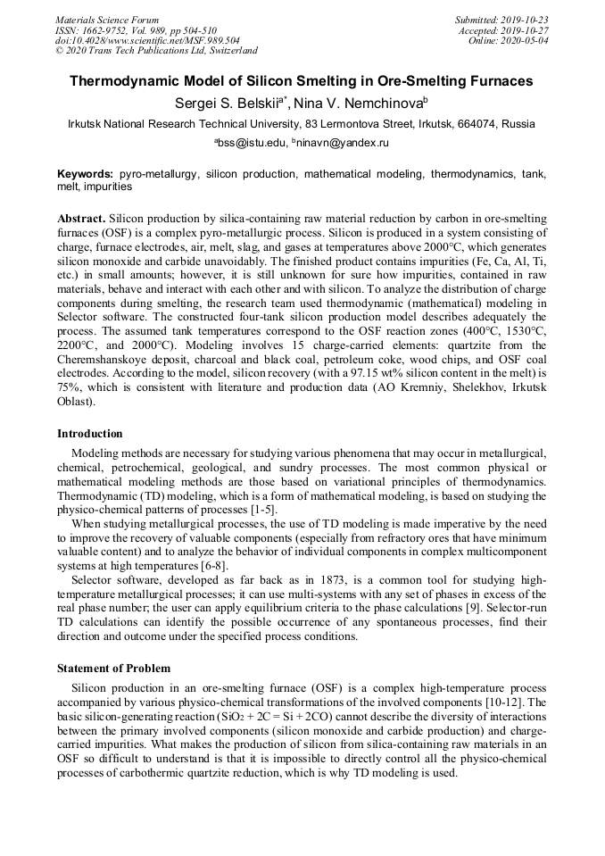 Thermodynamic Model of Silicon Smelting in Ore-Smelting Furnaces ...