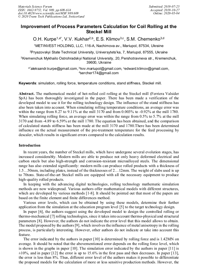 Improvement of Process Parameters Calculation for Coil Rolling at the ...