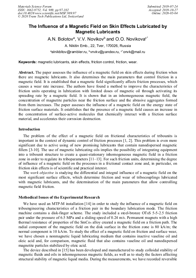 The Influence of a Magnetic Field on Skin Effects Lubricated by ...