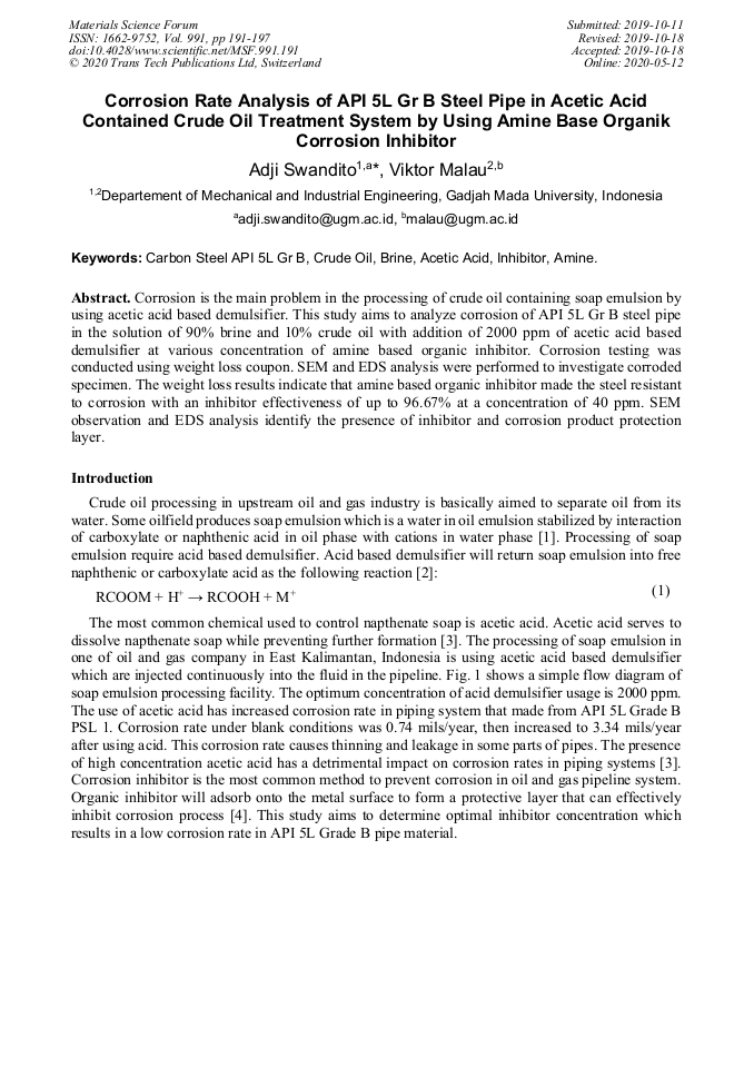 Corrosion Rate Analysis of API 5L Gr B Steel Pipe in Acetic Acid ...