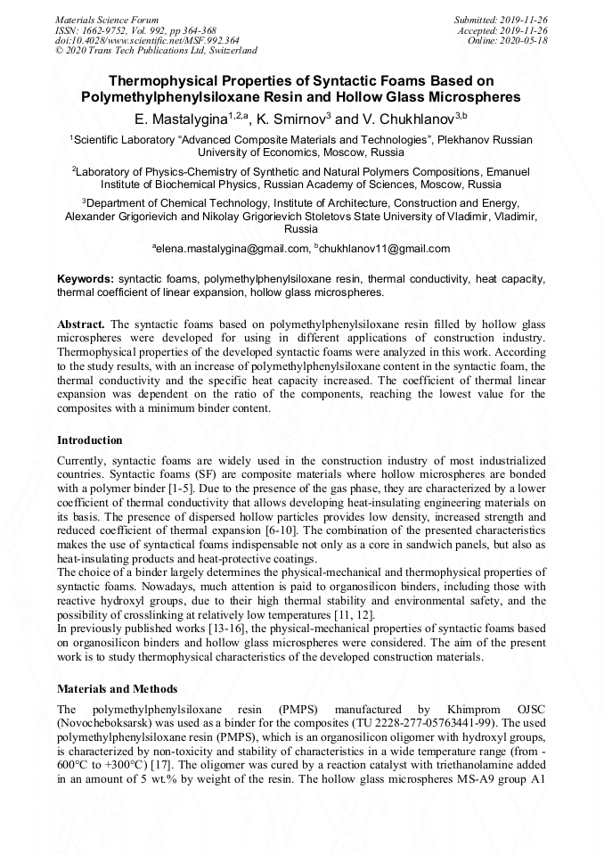Thermophysical Properties of Syntactic Foams Based on ...