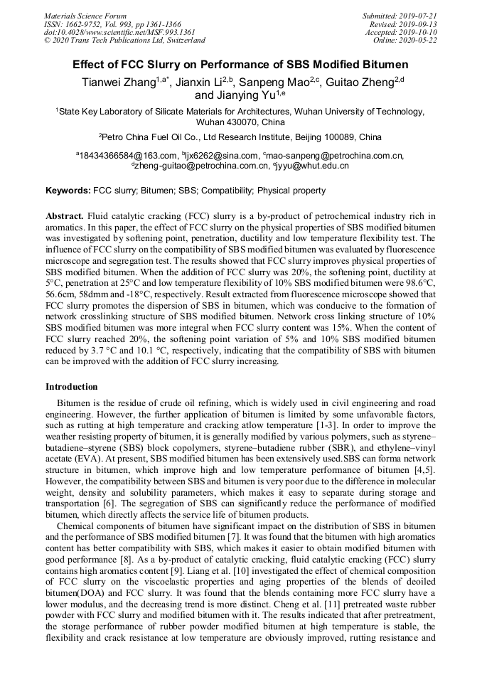 Effect of FCC Slurry on Performance of SBS Modified Bitumen ...
