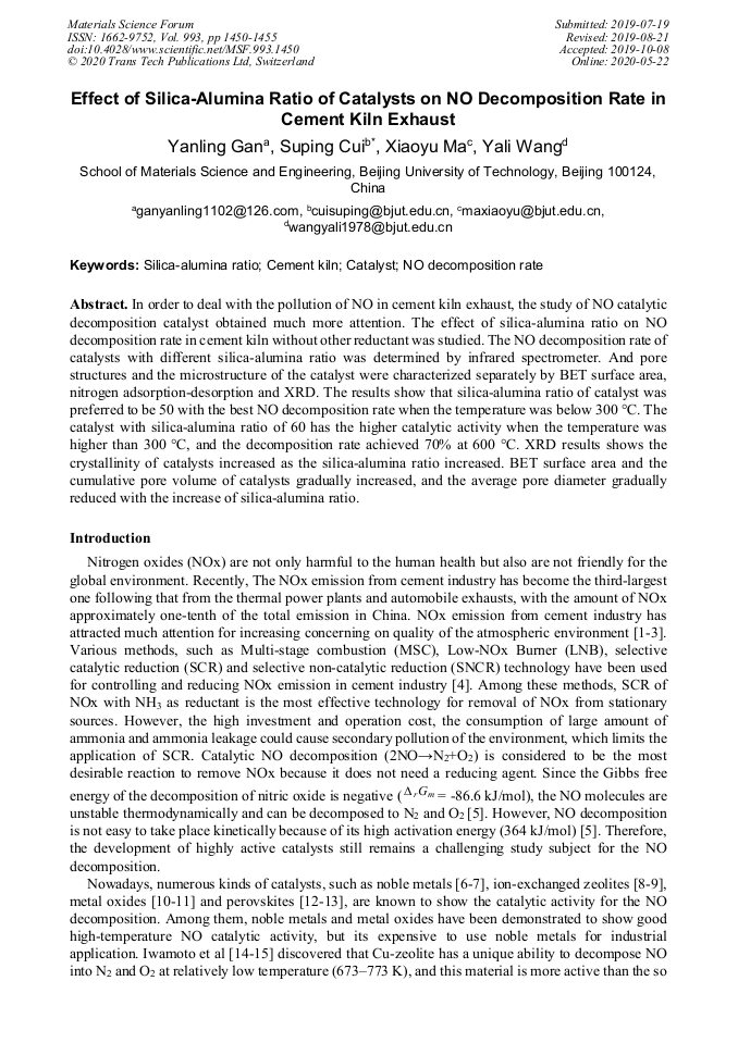 Effect of Silica-Alumina Ratio of Catalysts on NO Decomposition Rate in ...
