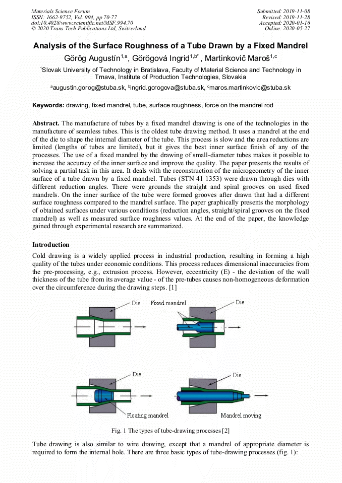 Analysis of the Surface Roughness of a Tube Drawn by a Fixed Mandrel ...