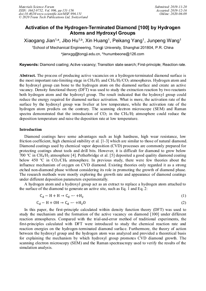 Activation of the Hydrogen-Terminated Diamond [100] by Hydrogen Atoms ...