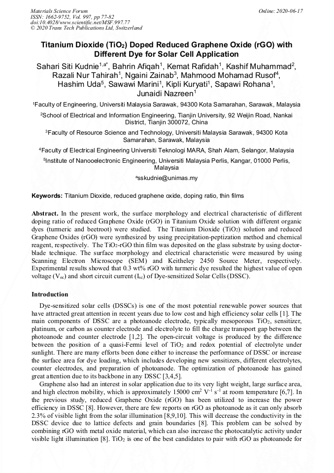 Titanium Dioxide (TiO2) Doped Reduced Graphene Oxide (rGO) with ...