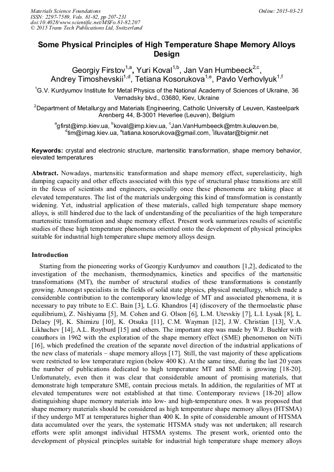 Some Physical Principles of High Temperature Shape Memory Alloys Design ...
