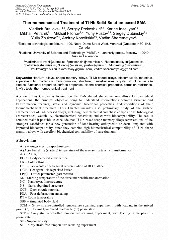 Thermomechanical Treatment of Ti-Nb Solid Solution Based SMA ...