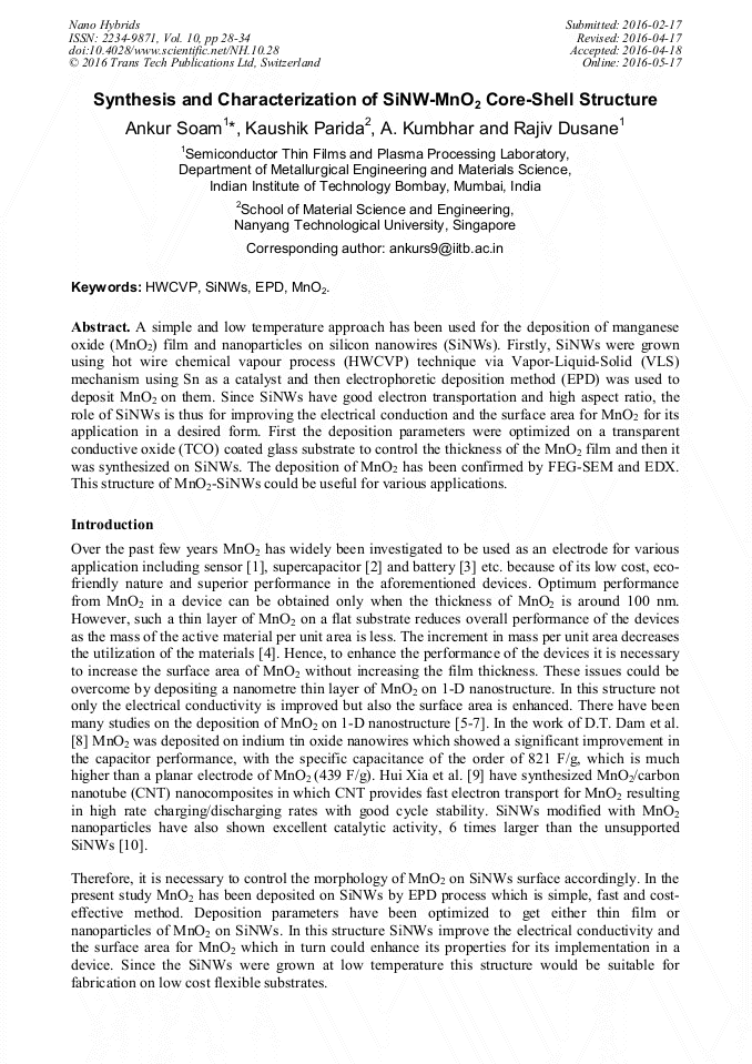 Synthesis and Characterization of SiNW-MnO2 Core-Shell Structure ...