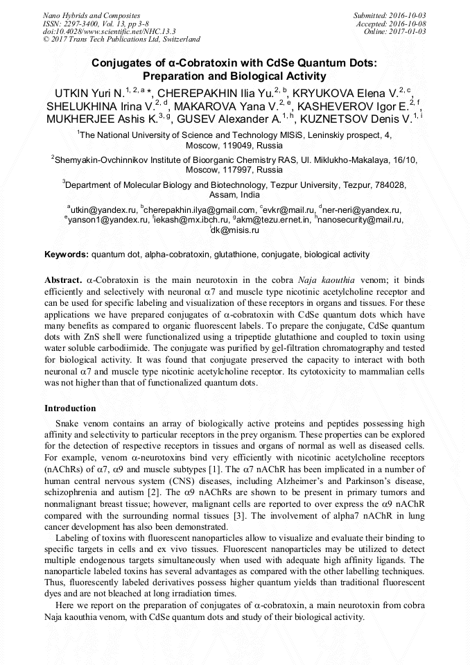 Conjugates of α-Cobratoxin with CdSe Quantum Dots: Preparation and ...