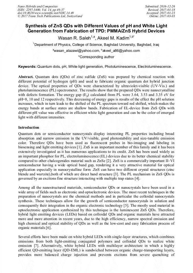 Synthesis of ZnS QDs with Different Values of pH and White Light ...