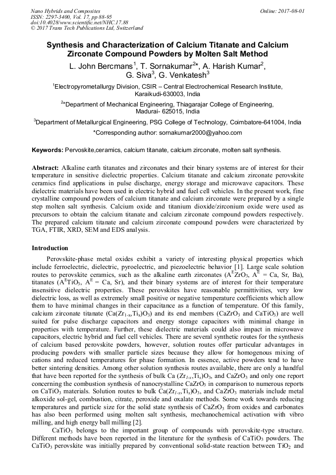 Synthesis and Characterization of Calcium Titanate and Calcium ...