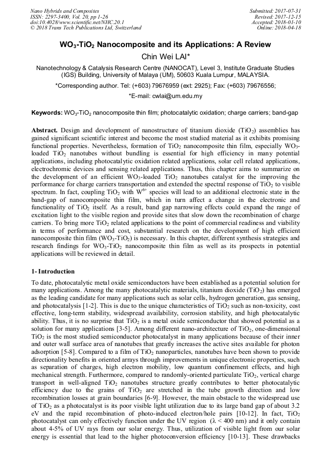 WO3-TiO2 Nanocomposite and its Applications: A Review | Scientific.Net