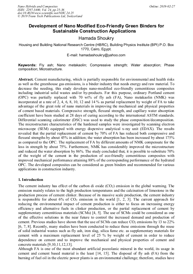 Development of Nano Modified Eco-Friendly Green Binders for Sustainable ...