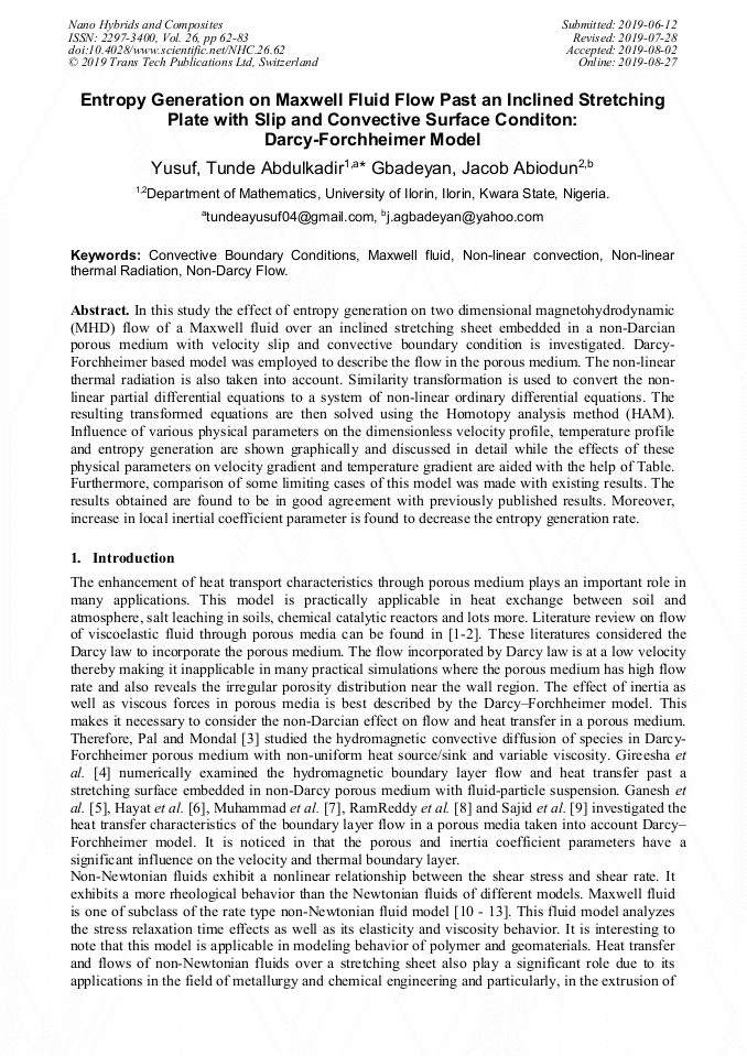 Entropy Generation on Maxwell Fluid Flow Past an Inclined Stretching ...