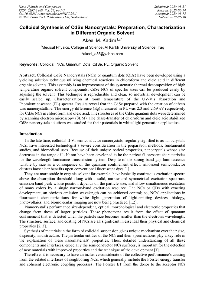 Colloidal Synthesis of CdSe Nanocrystals: Preparation, Characterization ...