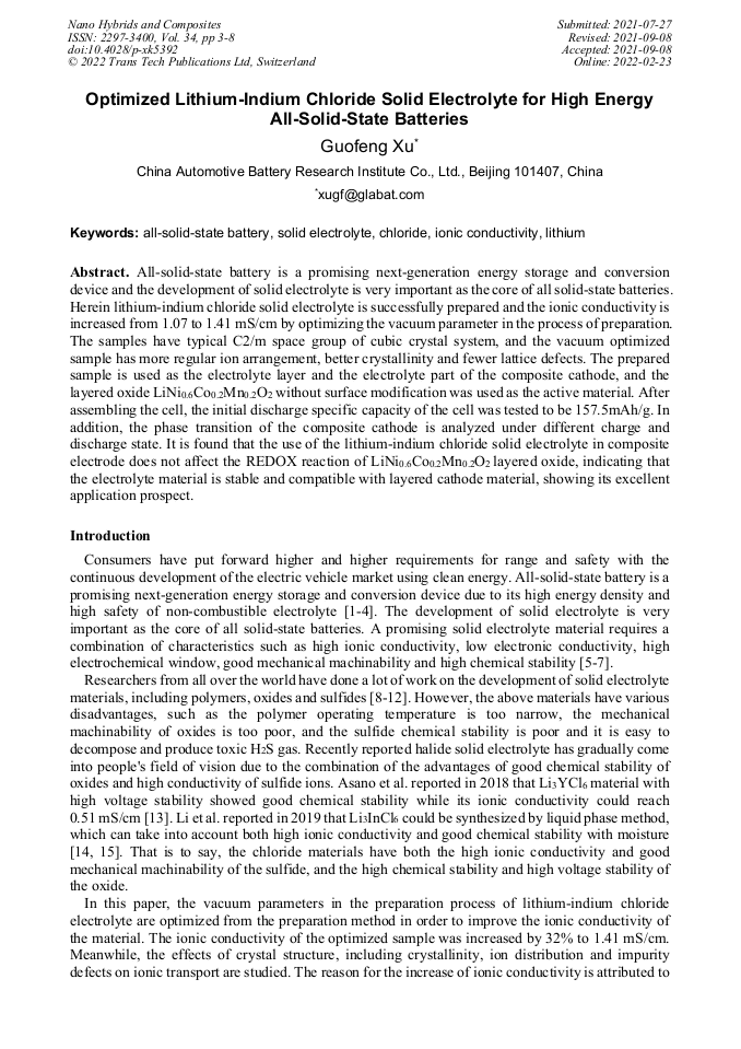 Optimized Lithium-Indium Chloride Solid Electrolyte for High Energy All ...