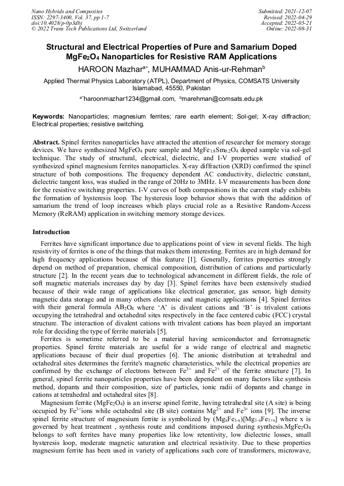 Structural and Electrical Properties of Pure and Samarium Doped MgFe2O4 ...