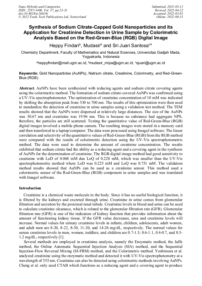 Synthesis of Sodium Citrate-Capped Gold Nanoparticles and its ...