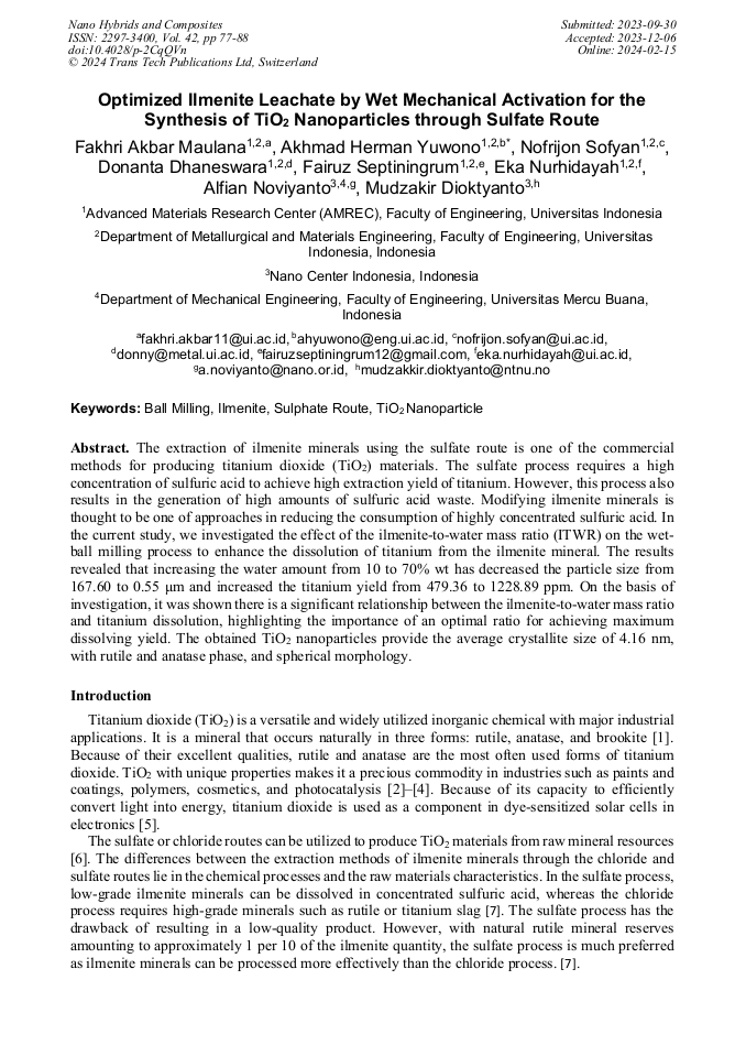 Optimized Ilmenite Leachate by Wet Mechanical Activation for the ...