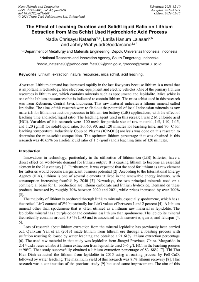 The Effect of Leaching Duration and Solid/Liquid Ratio on Lithium ...