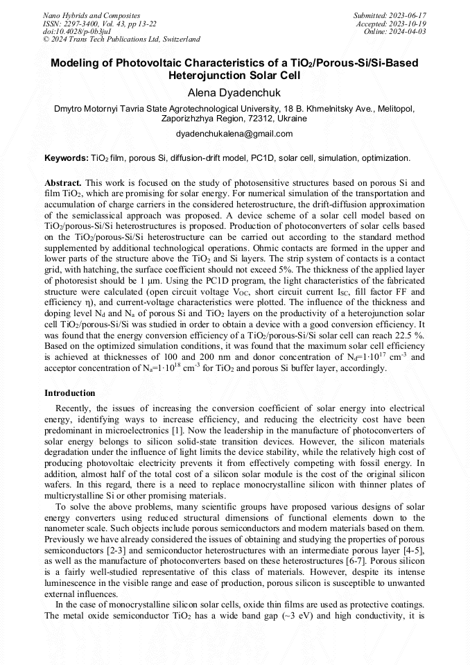Modeling of Photovoltaic Characteristics of a TiO2/Porous-Si/Si-Based ...