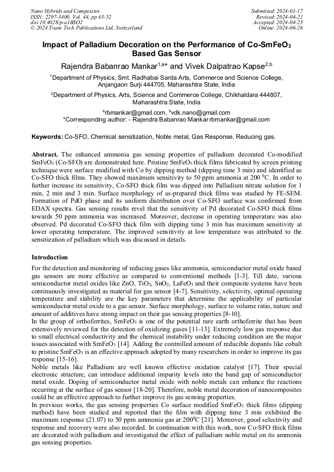 Impact of Palladium Decoration on the Performance of Co-SmFeO3 Based ...