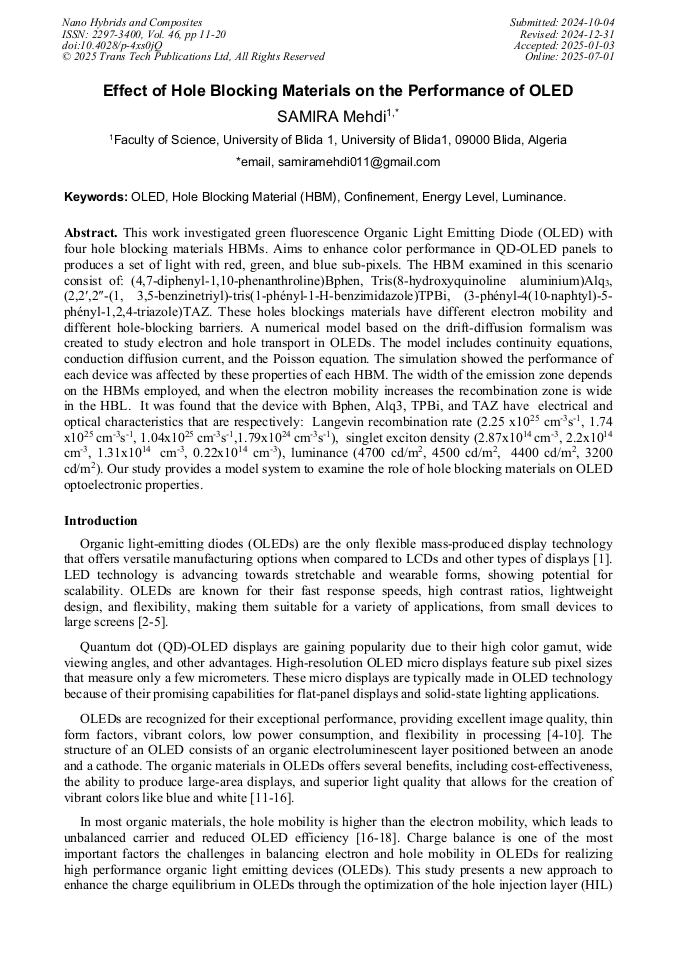 Effect of Hole Blocking Materials on the Performance of OLED ...