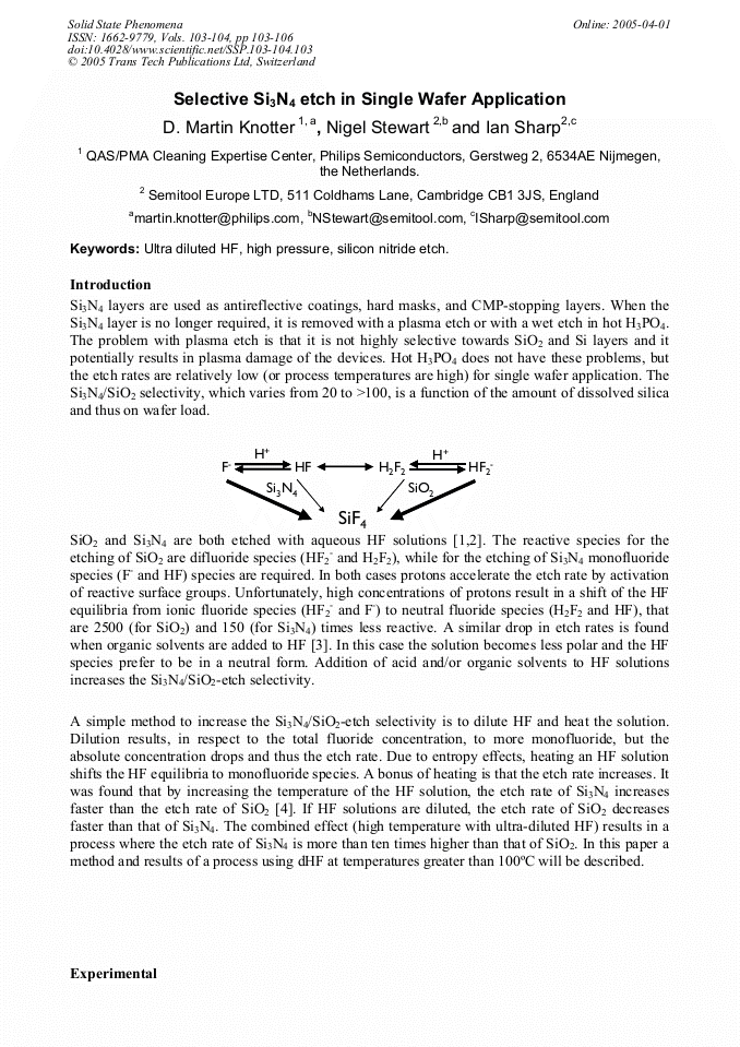 Selective Si3N4 Etch in Single Wafer Application | Scientific.Net