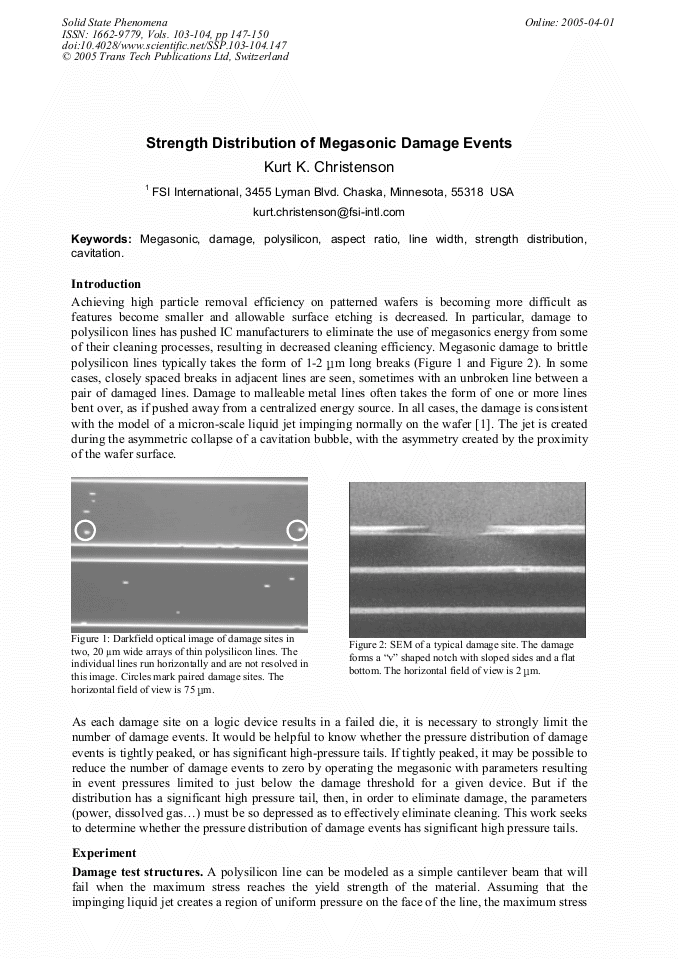 Strength Distribution of Megasonic Damage Events | Scientific.Net