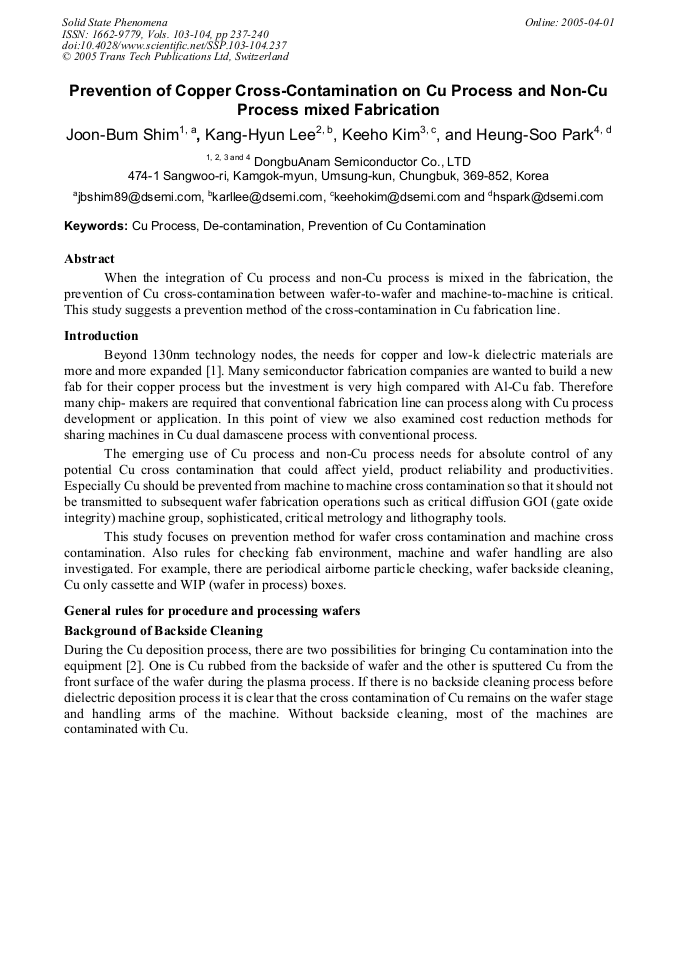 Prevention of Copper Cross-Contamination on Cu Process and Non-Cu ...