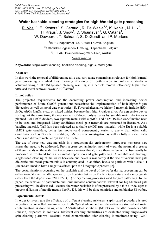 Wafer Backside Cleaning Strategies for High-k/Metal Gate Processing ...