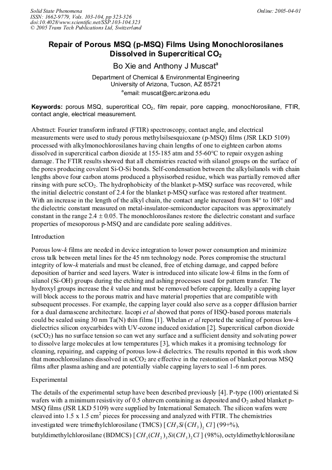 Repair of Porous MSQ (p-MSQ) Films Using Monochlorosilanes Dissolved in ...