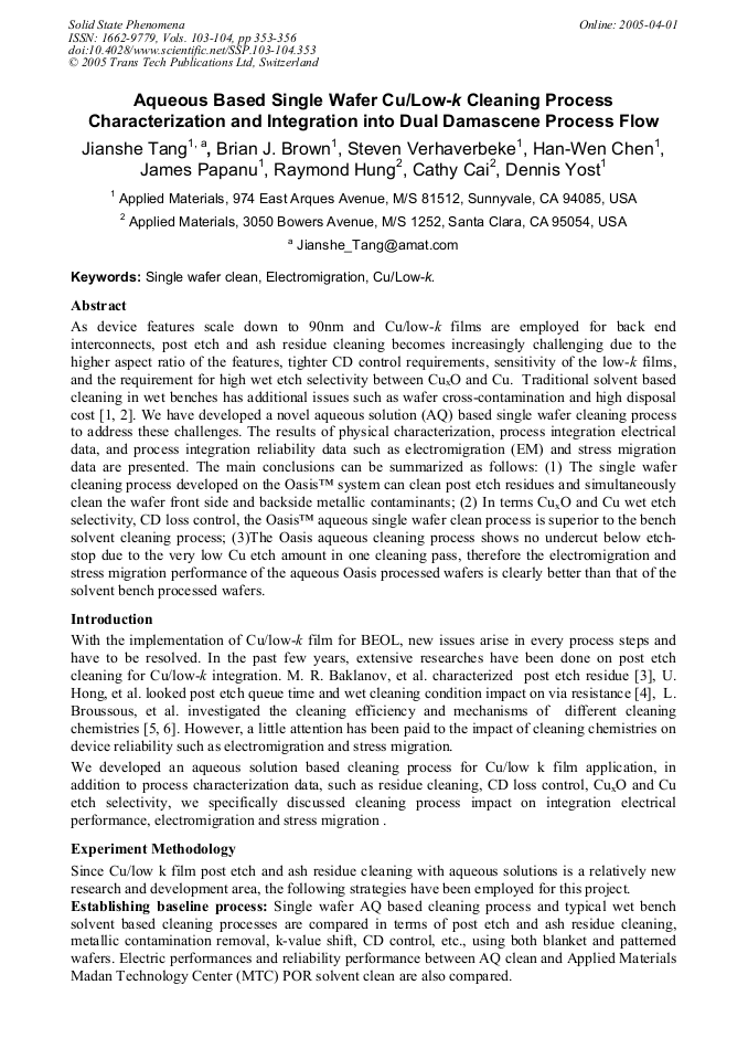 Aqueous Based Single Wafer Cu/Low-k Cleaning Process Characterization ...