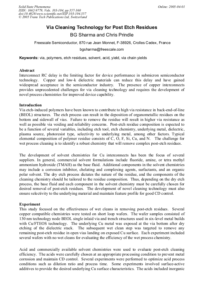Via Cleaning Technology for Post Etch Residues | Scientific.Net