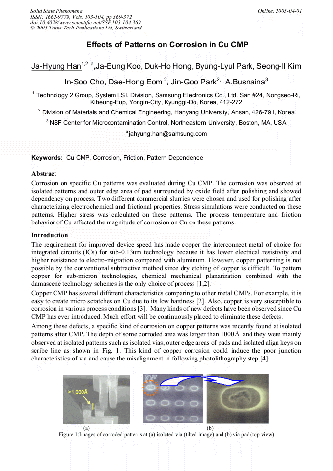 Effects of Patterns on Corrosion in Cu CMP | Scientific.Net