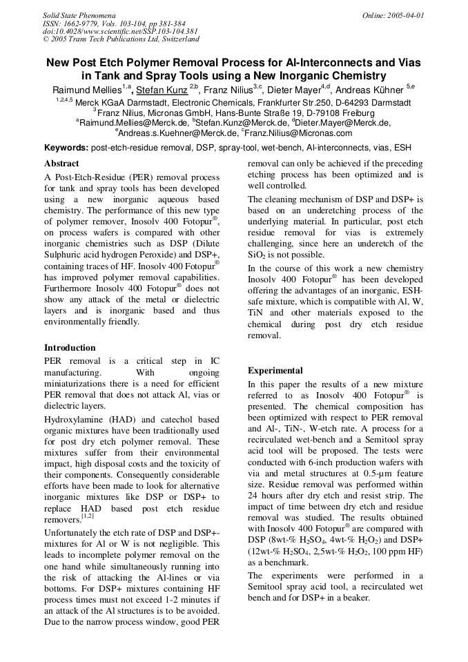 New Post Etch Polymer Removal Process for Al-Interconnects and Vias in ...