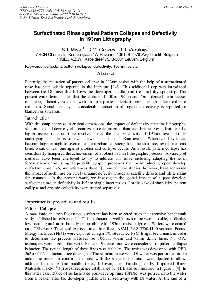 Surfactionated Rinse against Pattern Collapse and Defectivity in 193nm ...