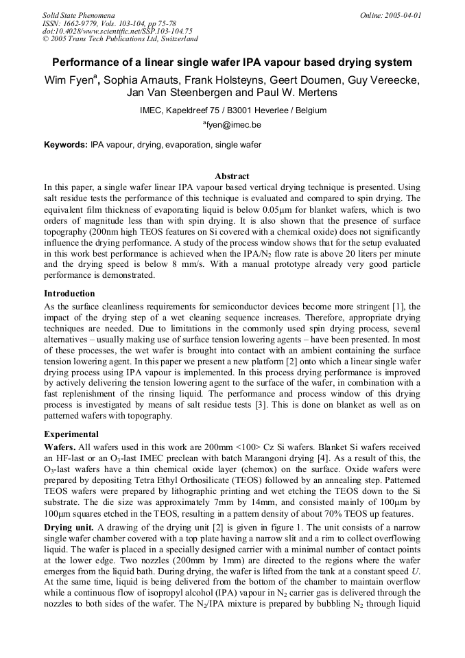 Performance of a Linear Single Wafer IPA Vapour Based Drying System ...