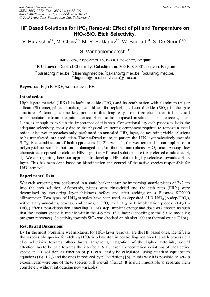 HF Based Solutions for HfO2 Removal; Effect of pH and Temperature on ...